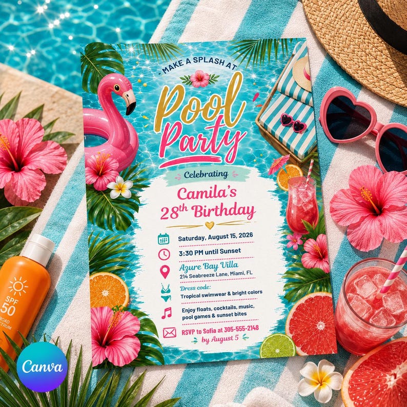 Tropical Pool Party Invitation Canva Template, Adult 28th Birthday ...