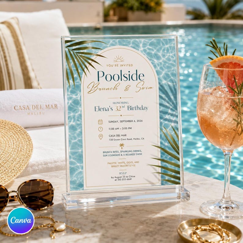Poolside Brunch and Swim Invitation Canva Template, Adult 32nd Birthday ...