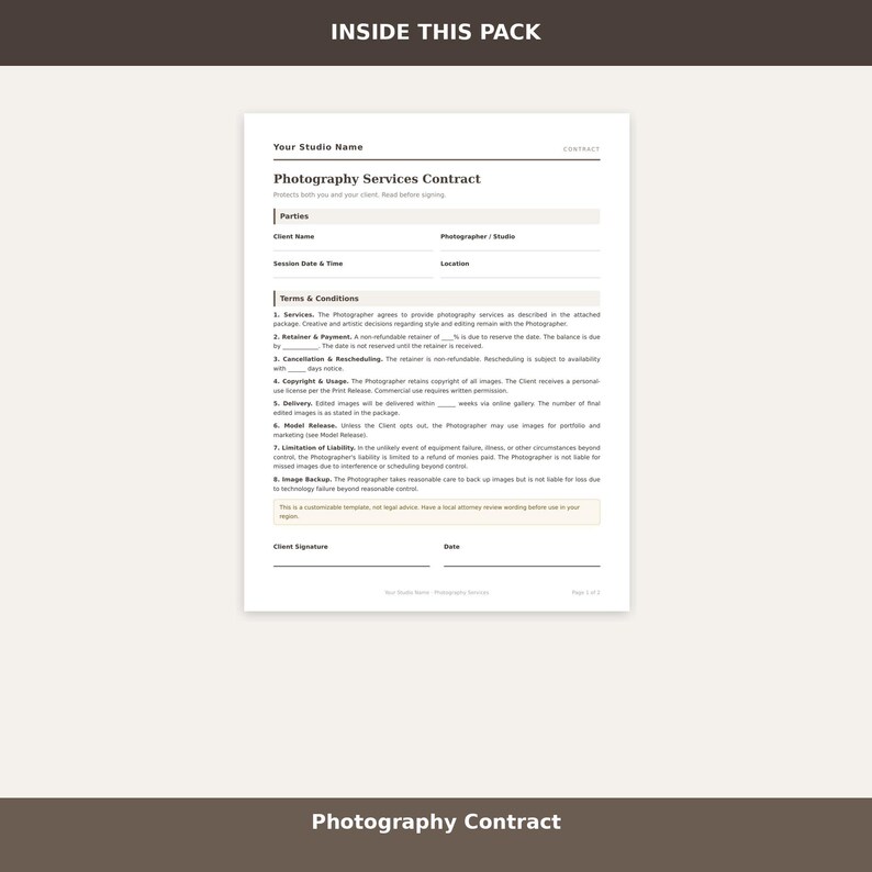 Photography Forms, Photographer Contract Pack, Service Agreement, Model ...