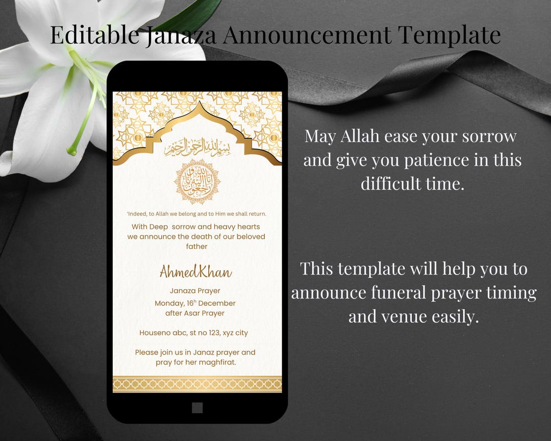 Muslim Funeral Announcement Template, Janaza, Canva (digital Download ...