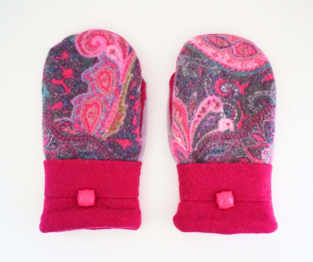 Pink Paisley Pattern Felted Wool Mittens | Upcycled Felted Wool Mittens ...