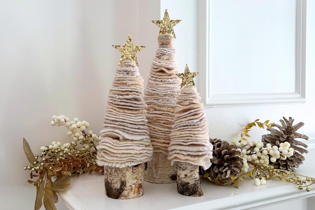 Cream and Beige Felted Wool Christmas Tree Set Handmade Wool Decor ...