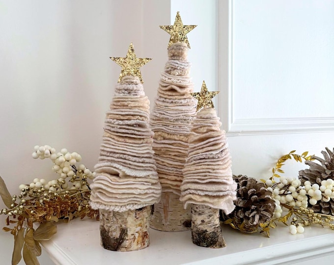 Cream and Beige Felted Wool Christmas Tree Set | Handmade Wool Decor ...