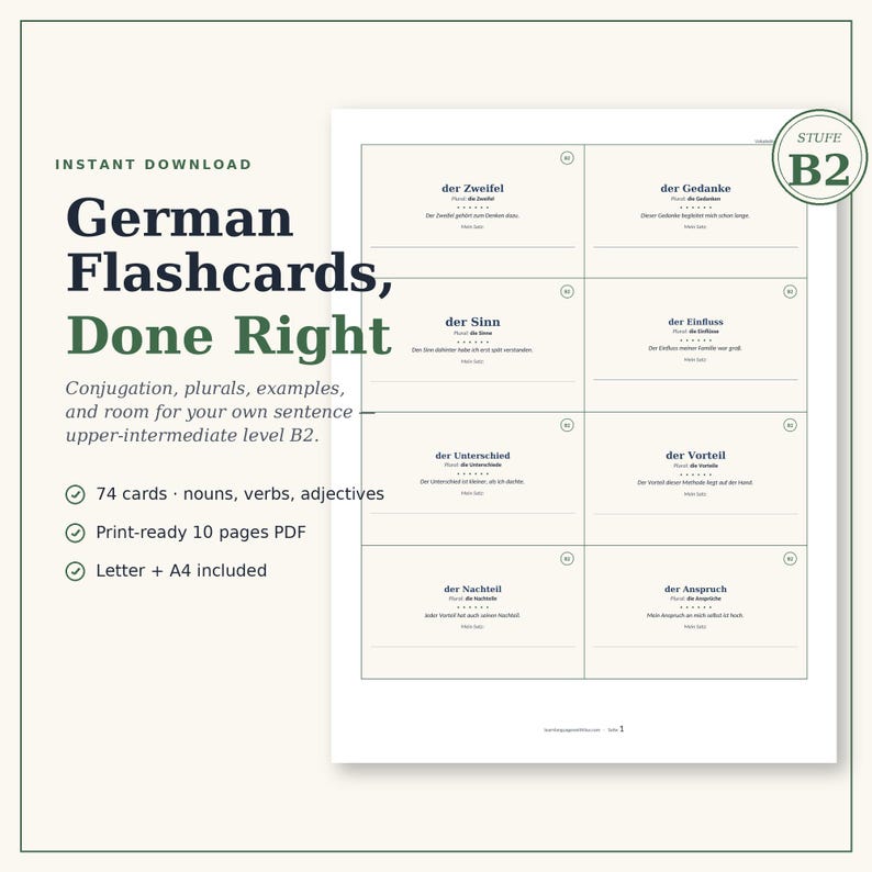 German B2 Flashcards Printable PDF | 74 Vocabulary Cards With ...