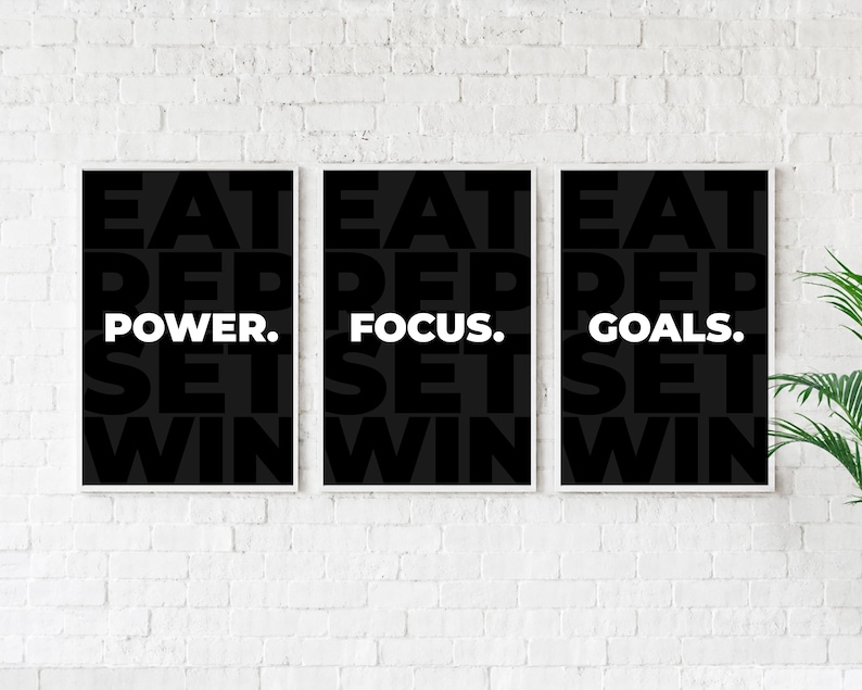 Gym Poster Focus Power Goals in Black and White, Set of 3 as a Digital ...