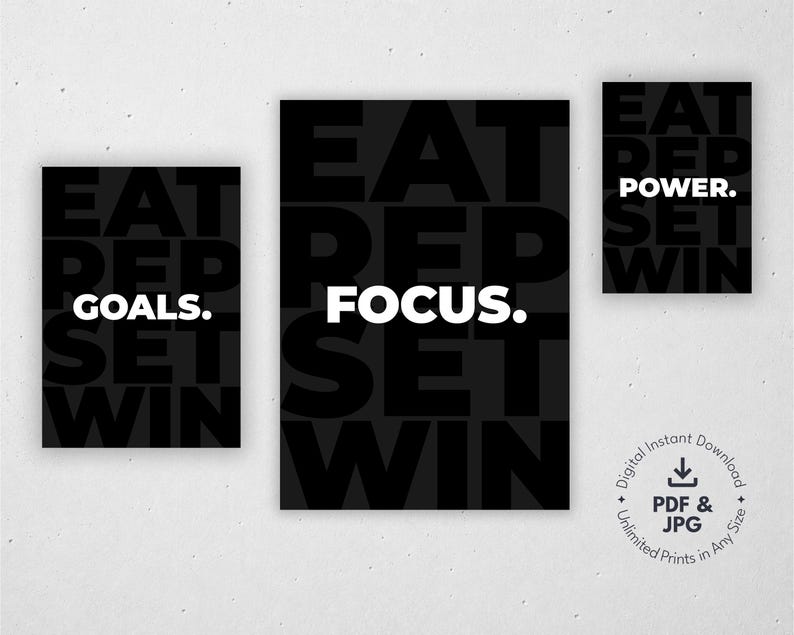 Gym Poster Focus Power Goals in Black and White, Set of 3 as a Digital ...