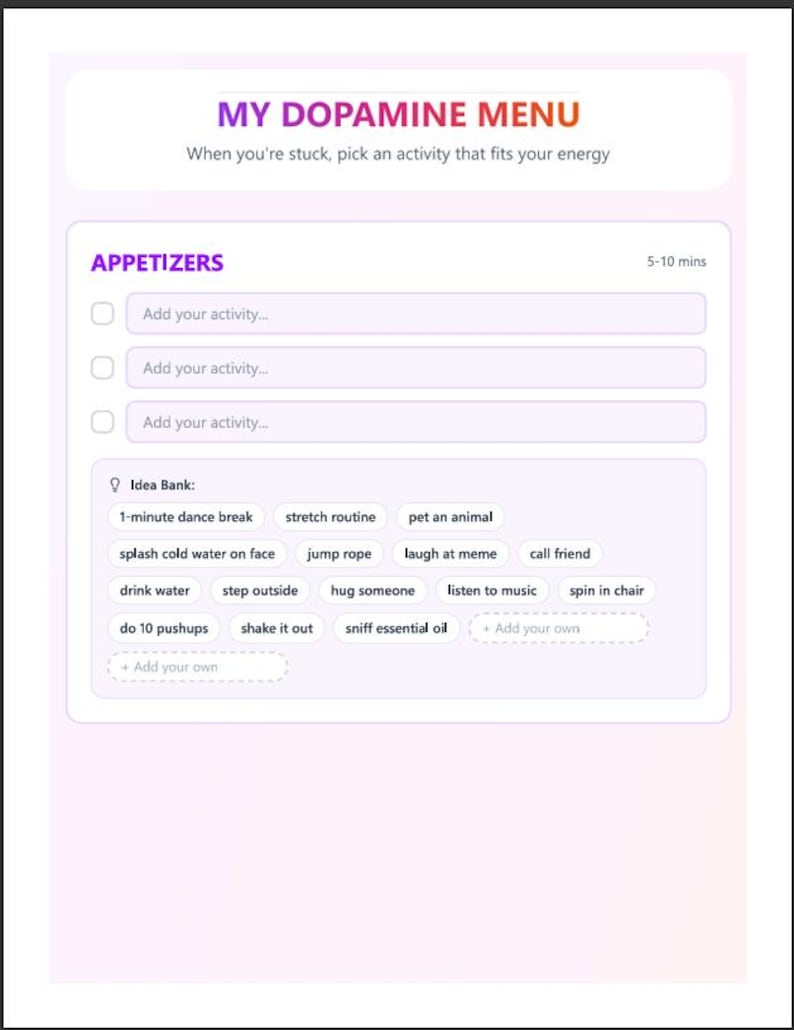 Editable Dopamine Menu Template, ADHD Organizer, Wellness Checklist ...