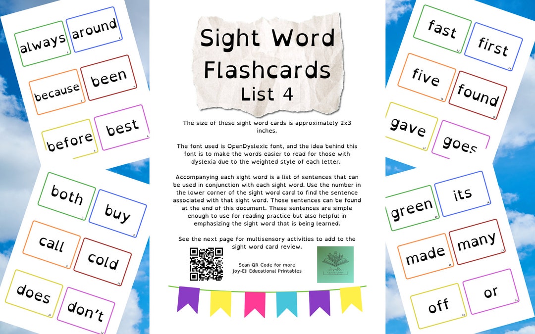 List 4 Sight Word Flashcards -dyslexia Font and Multisensory Activities ...