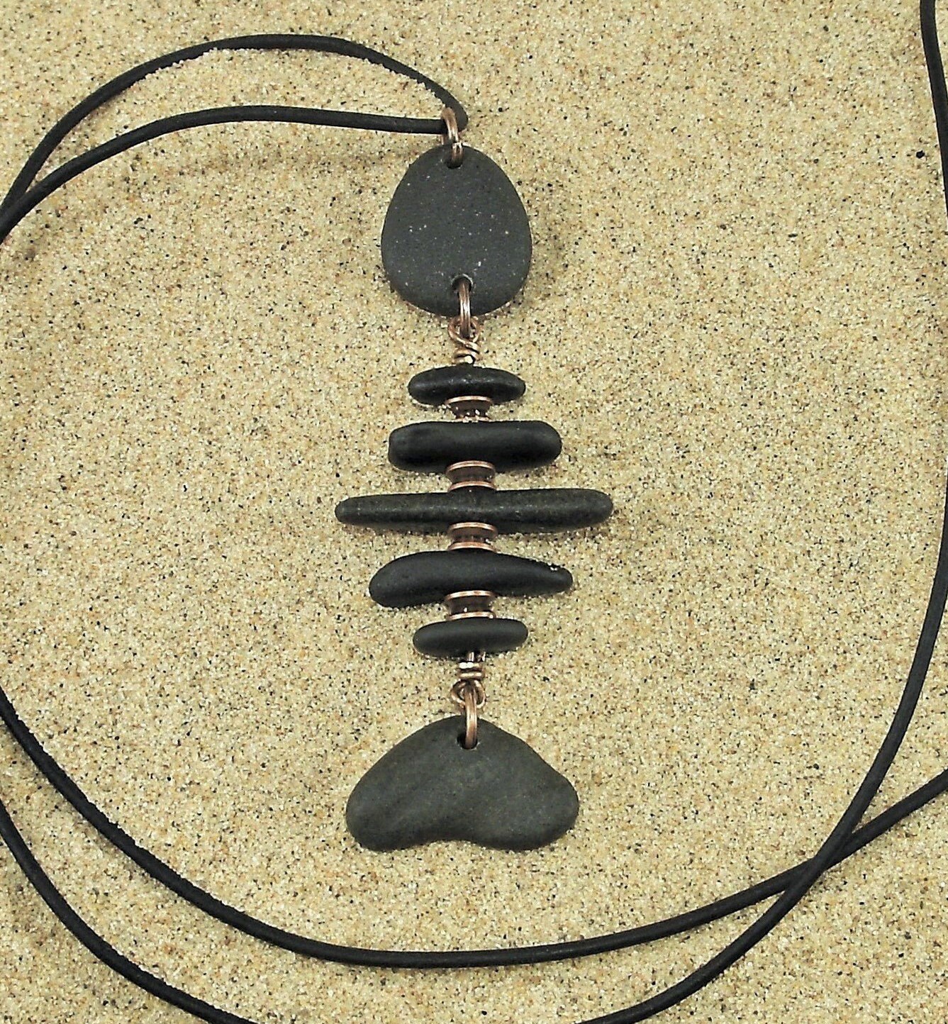 Lake Michigan Stone Fish Bone Necklace Adjustable Leather Cording