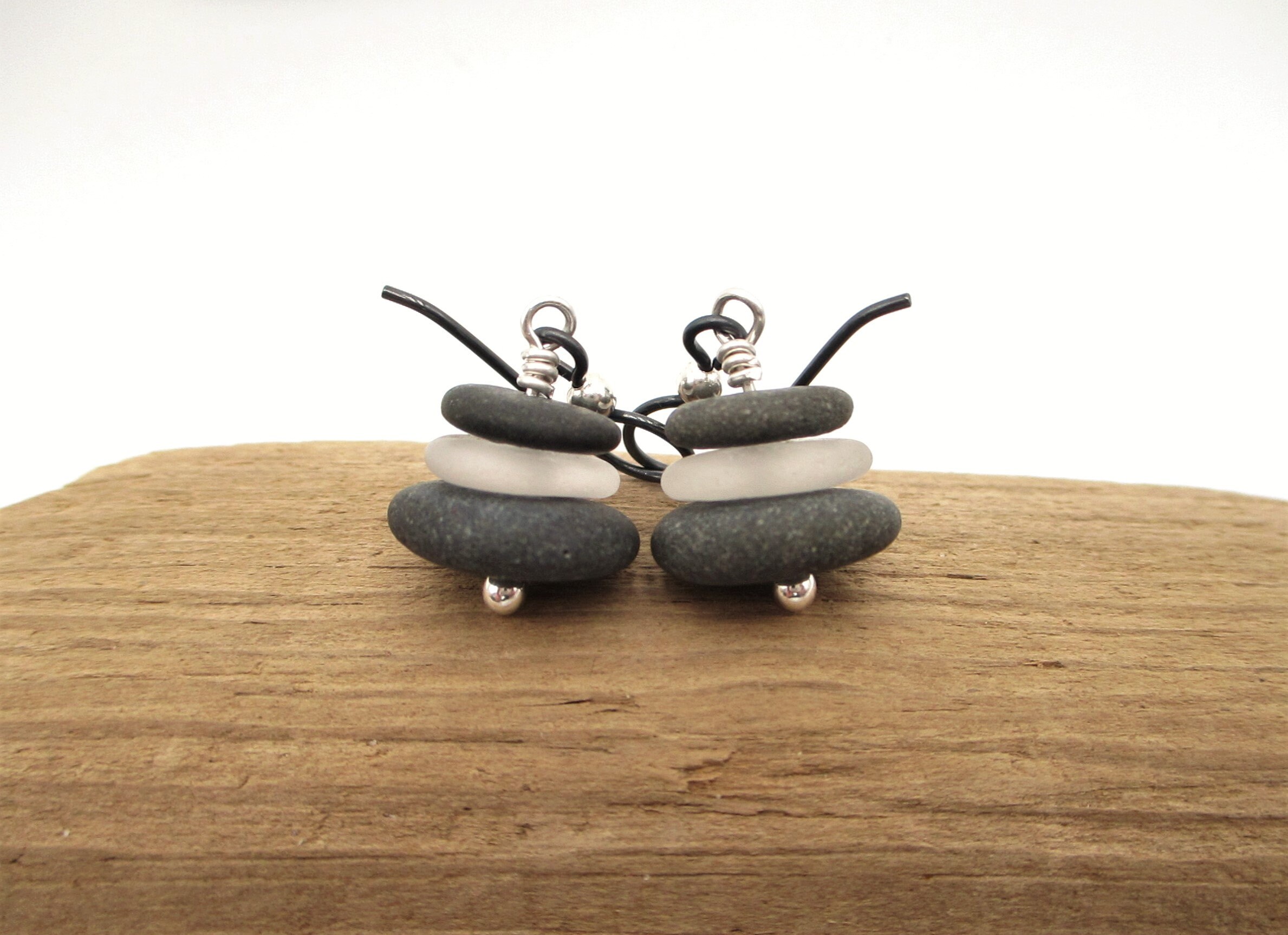 Pebble and Beach Glass Cairn Earrings, Lake Michigan and Superior Raw ...