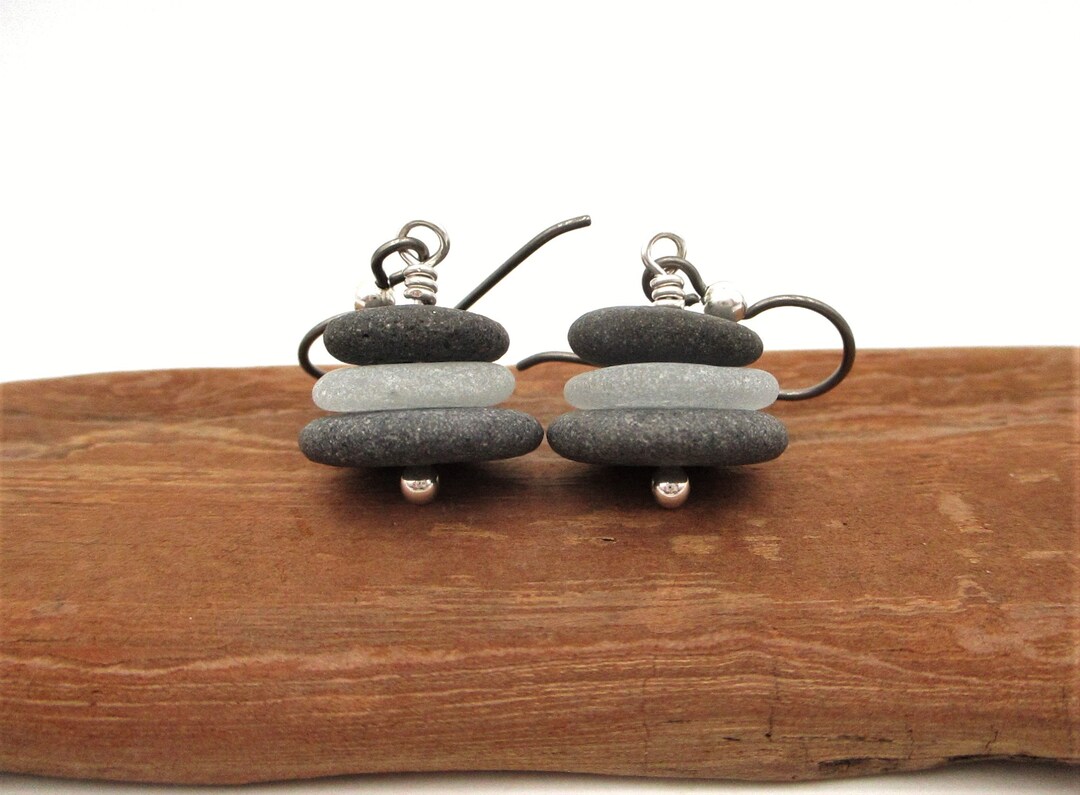 Pebble and Beach Glass Cairn Earrings, Lake Michigan and Superior Raw ...