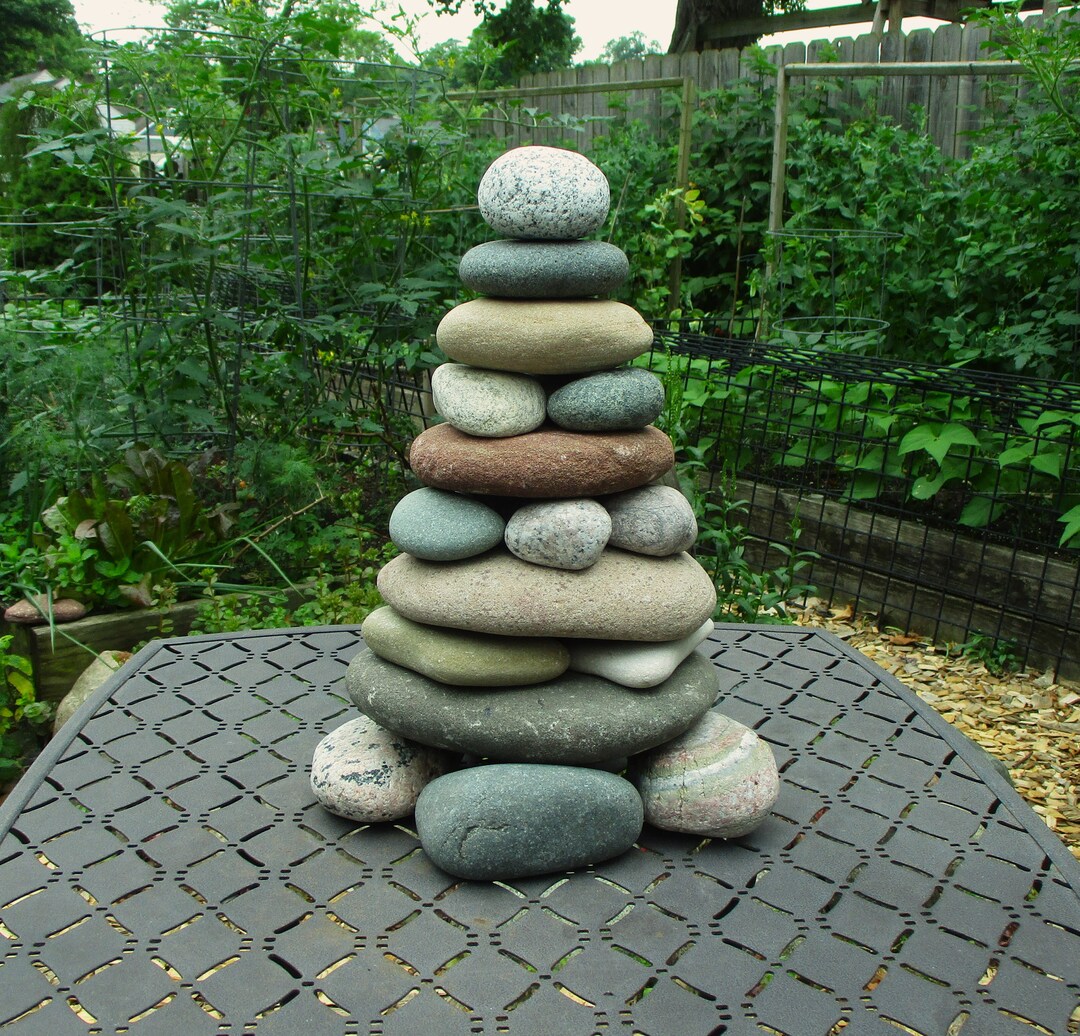 Restackable Natural Stone Garden Cairn: Beach Rock Sculpture, Outdoor ...
