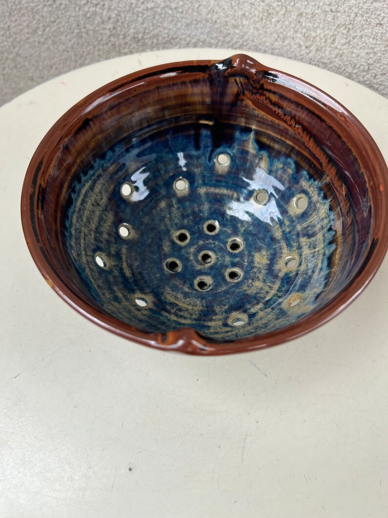 Vintage Studio Art Pottery Small Colander Bowl Blue Brown Signed - Etsy