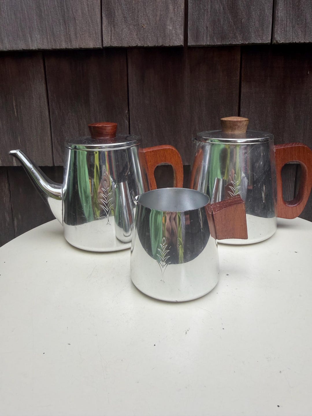 Vintage SONA Set 3 Teapot Coffee Pot Creame Chrome Plated Aluminum Teak ...