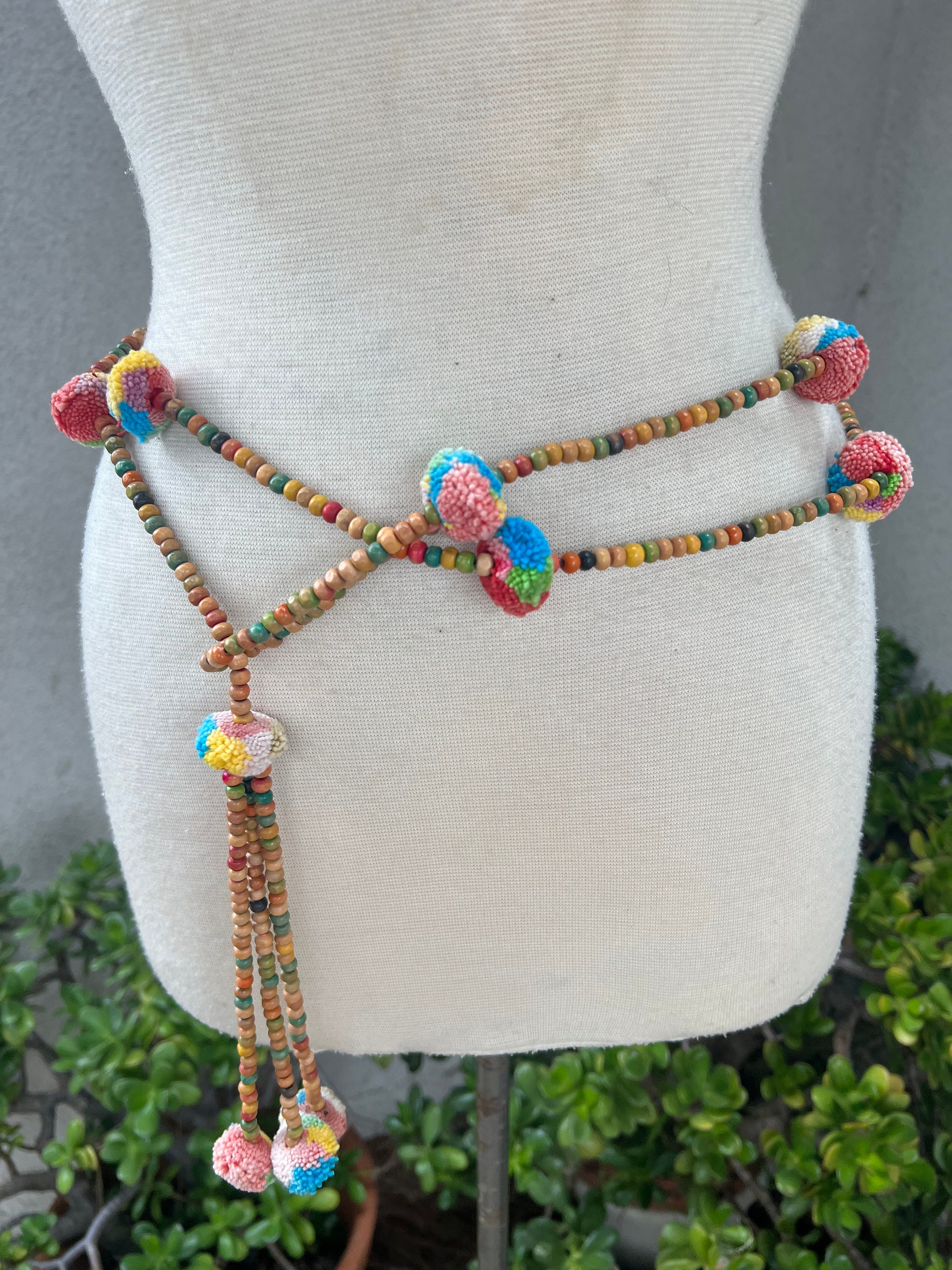 Vintage Funky Belt Pom-pom & Wood Beads Size 64” X 1-1/4” - Etsy