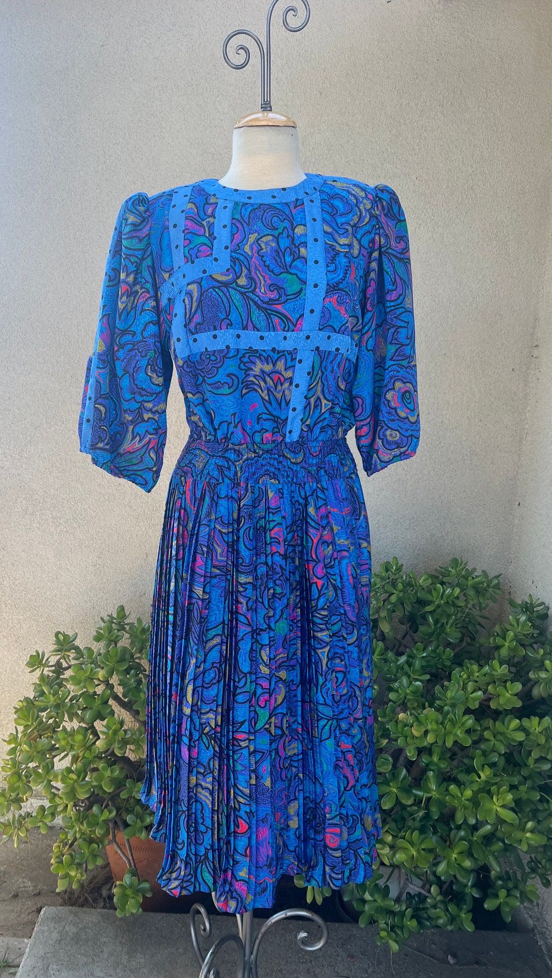 Vintage Preppy Dress Blue Tones Polyester Size Small Susan Freis. Knife ...