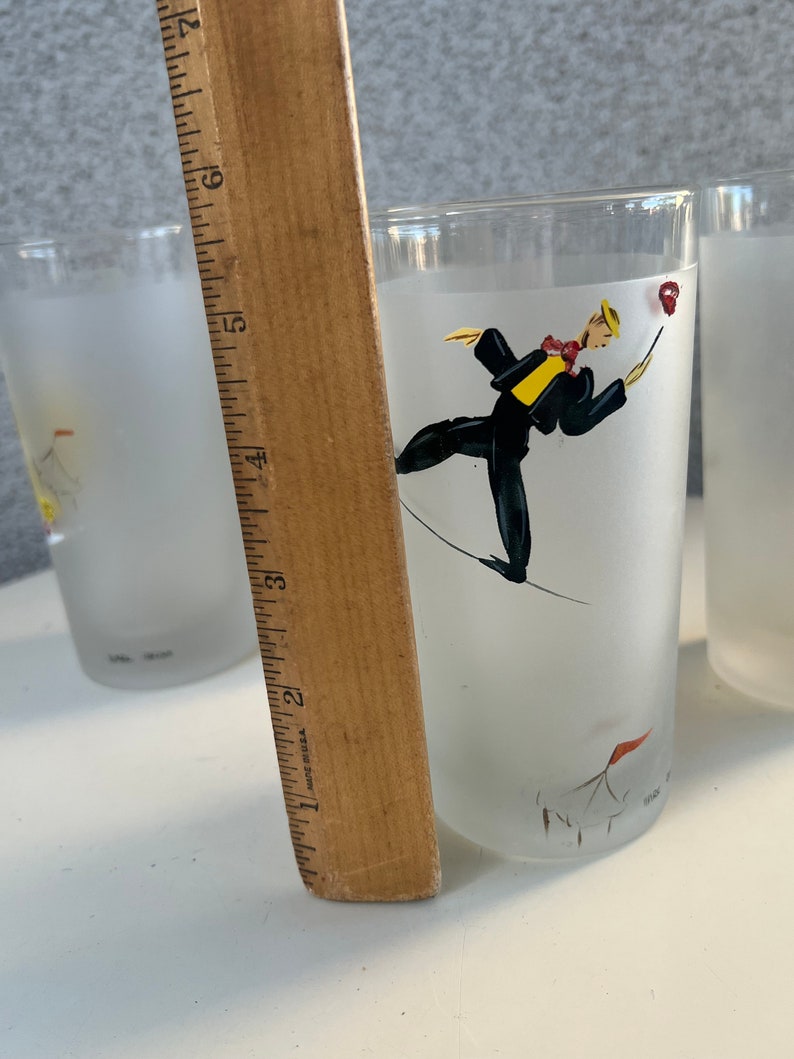 Vintage MCM Frosted Tall Glasses Set 5 Hand Painted Theme Signed Marc ...
