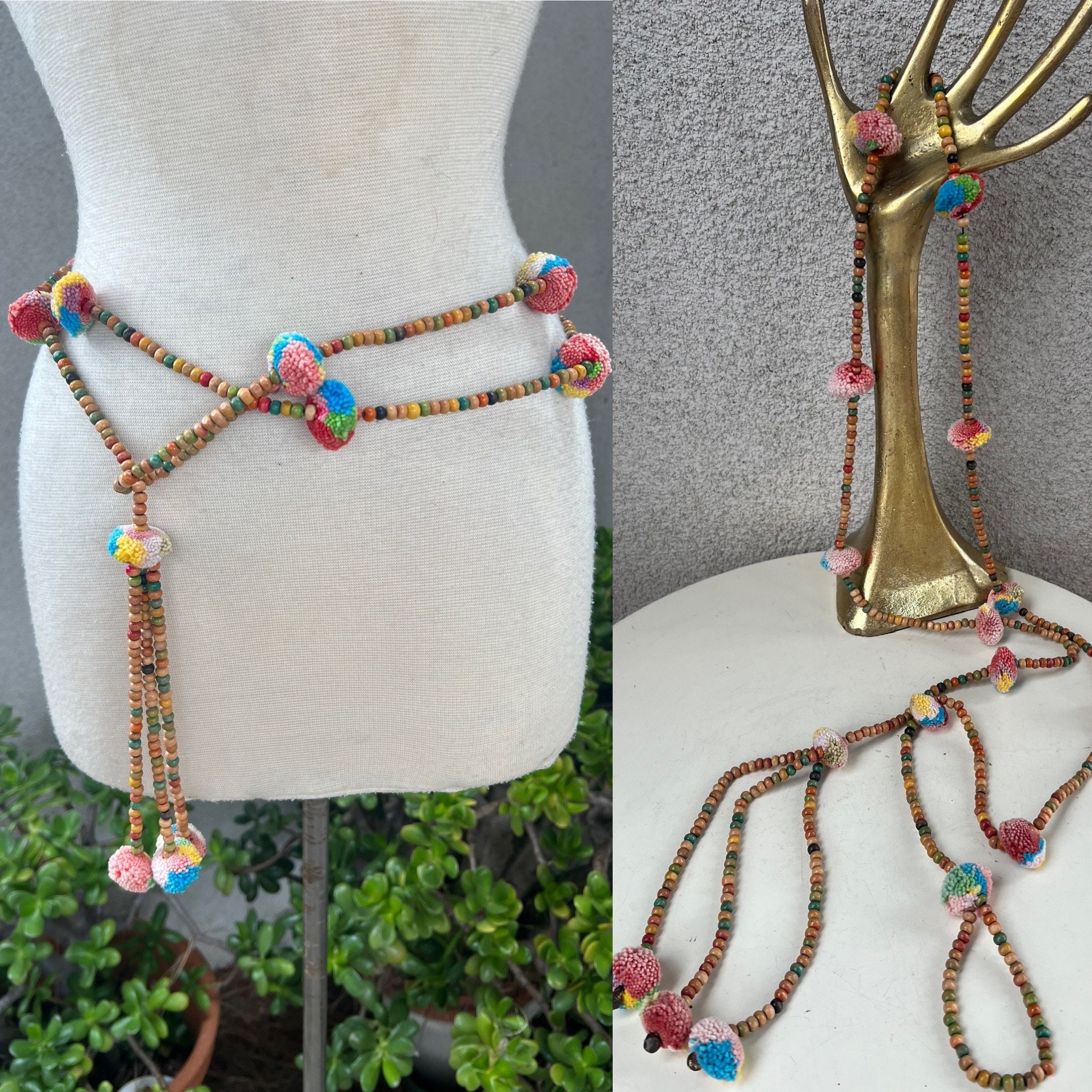 Vintage Funky Belt Pom-pom & Wood Beads Size 64” X 1-1/4” - Etsy
