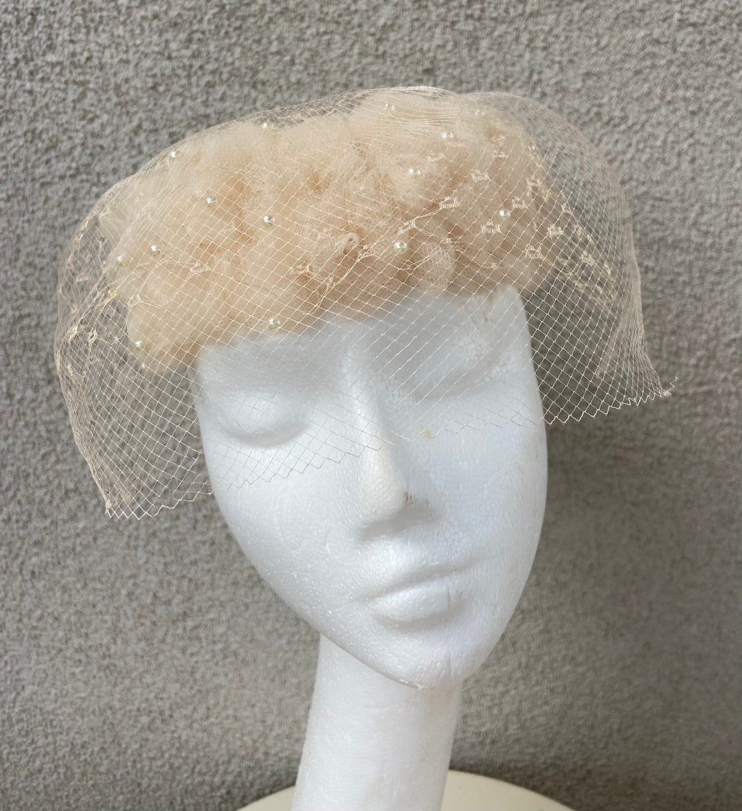Vintage 60s Pillbox Formal Hat Beige Netting With Pearls Size 21 - Etsy