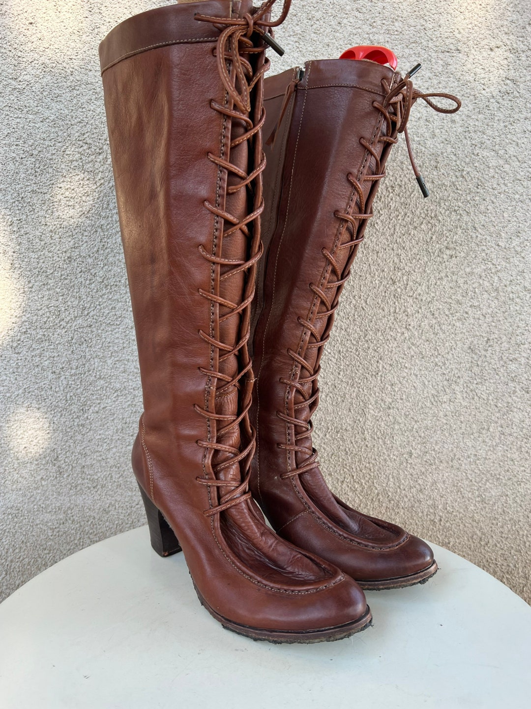 Vintage Steampunk Brown Leather Lace Zipper Tall Heeled Frye Boots Mic ...