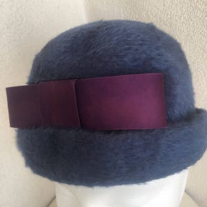 Vintage Mid Century Royal Blue Fuzzy Formal Hat Purple Bow Mystere ...
