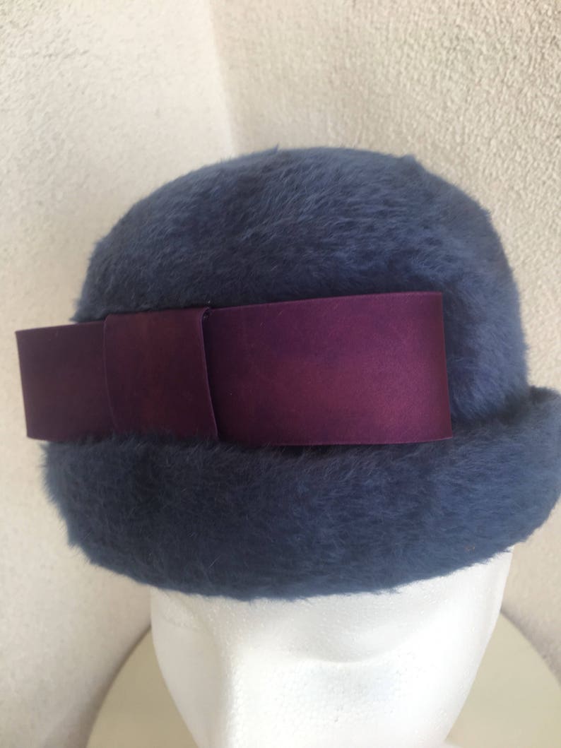 Vintage Mid Century Royal Blue Fuzzy Formal Hat Purple Bow - Etsy