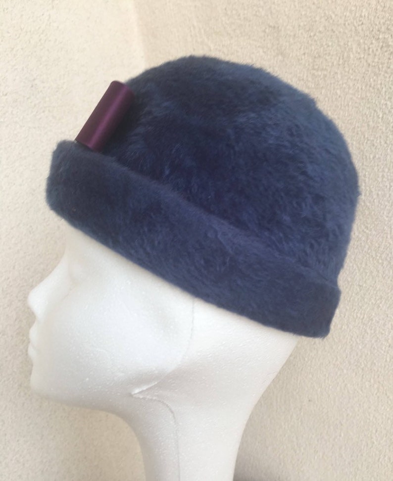 Vintage Mid Century Royal Blue Fuzzy Formal Hat Purple Bow - Etsy