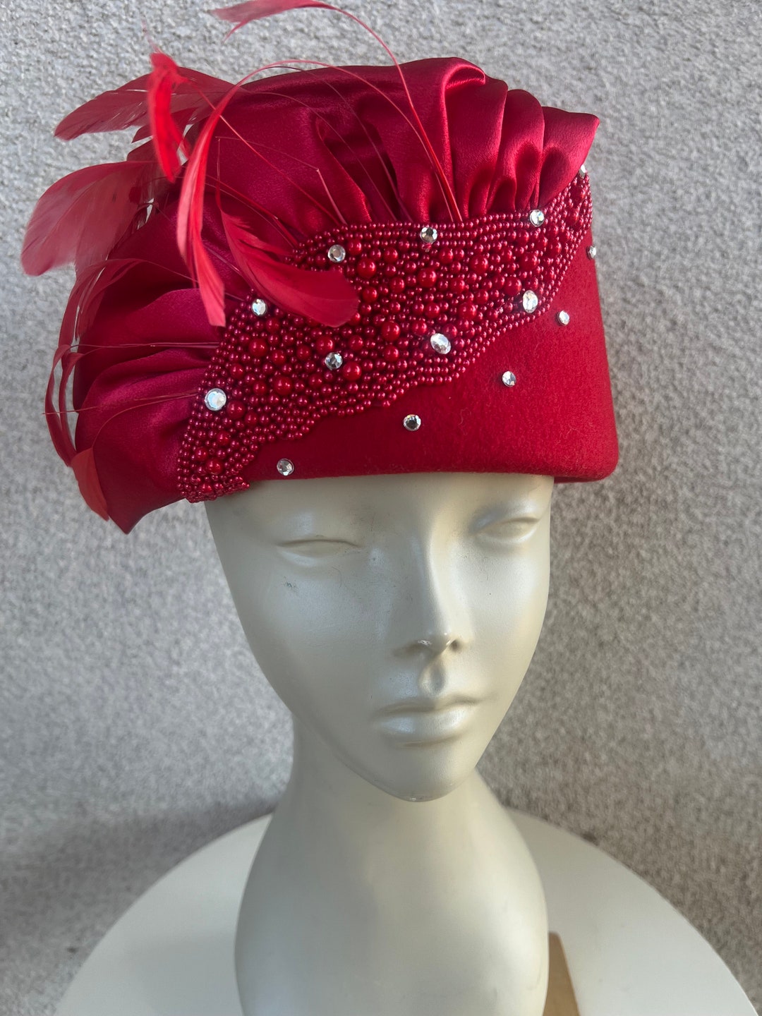 Vintage Red Hot Pillbox Style Hat Feathers Beads Sz 22.5” 7 1/8 by Mr ...