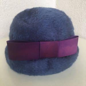 Vintage Mid Century Royal Blue Fuzzy Formal Hat Purple Bow Mystere ...
