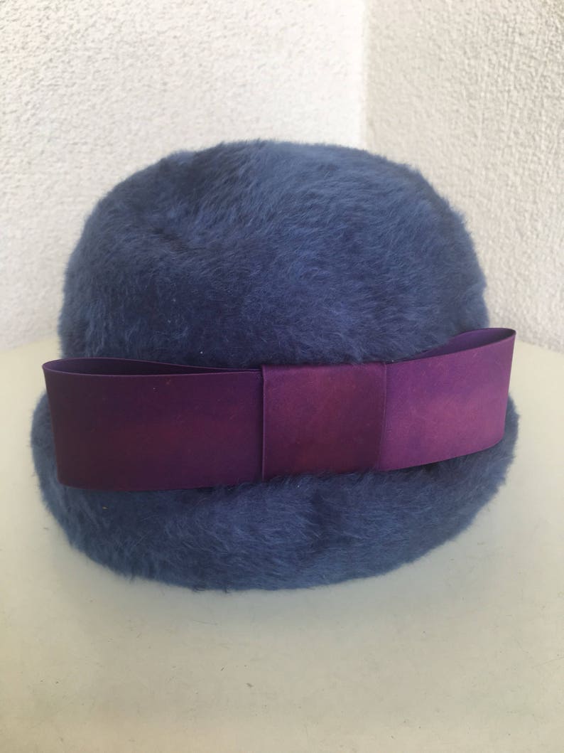Vintage Mid Century Royal Blue Fuzzy Formal Hat Purple Bow - Etsy