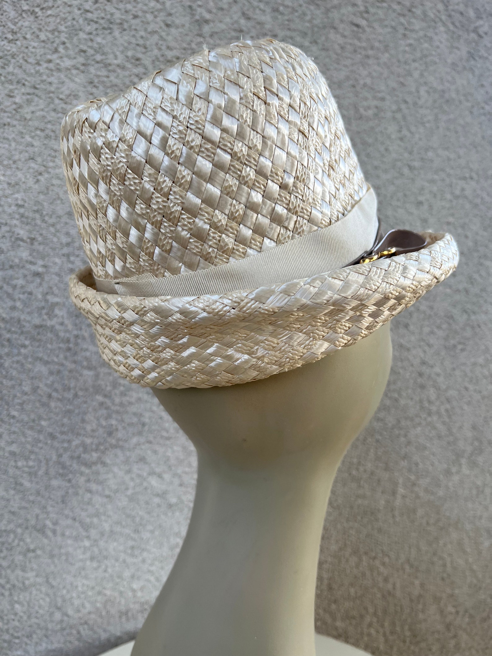 Vintage 70s Ivory Boater Hat Cello Weave Straw Sz 21.5” by Sears ...