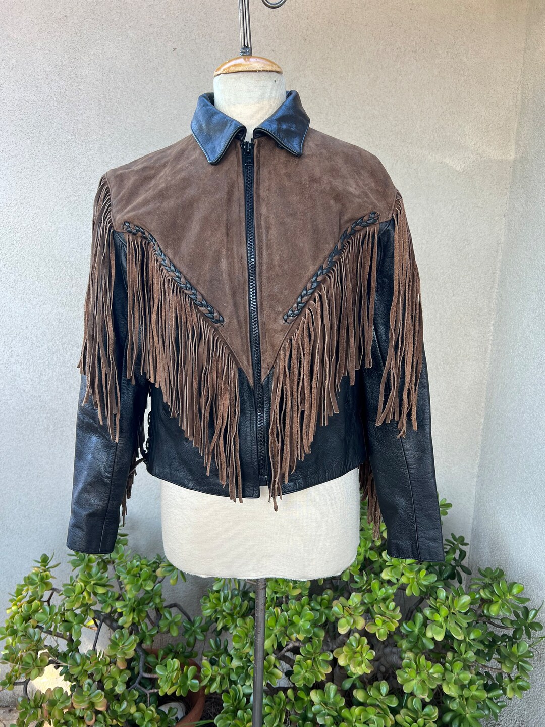 Vintage Western Fringe Motorcycle Jacket Black Leather With Brown Suede ...