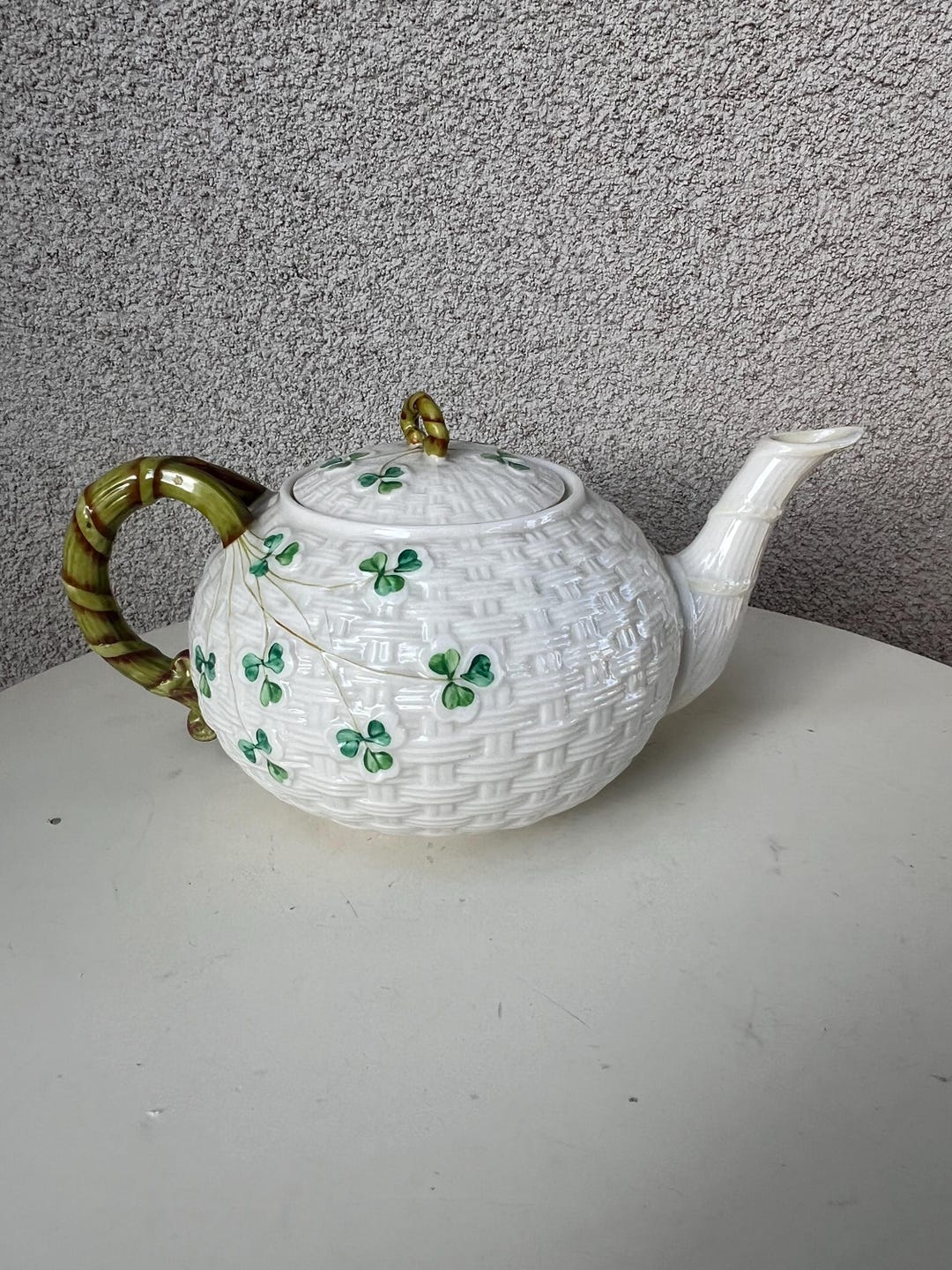 Vintage Antique Teapot Belleek Ireland Shamrock Basket Weave Pattern ...
