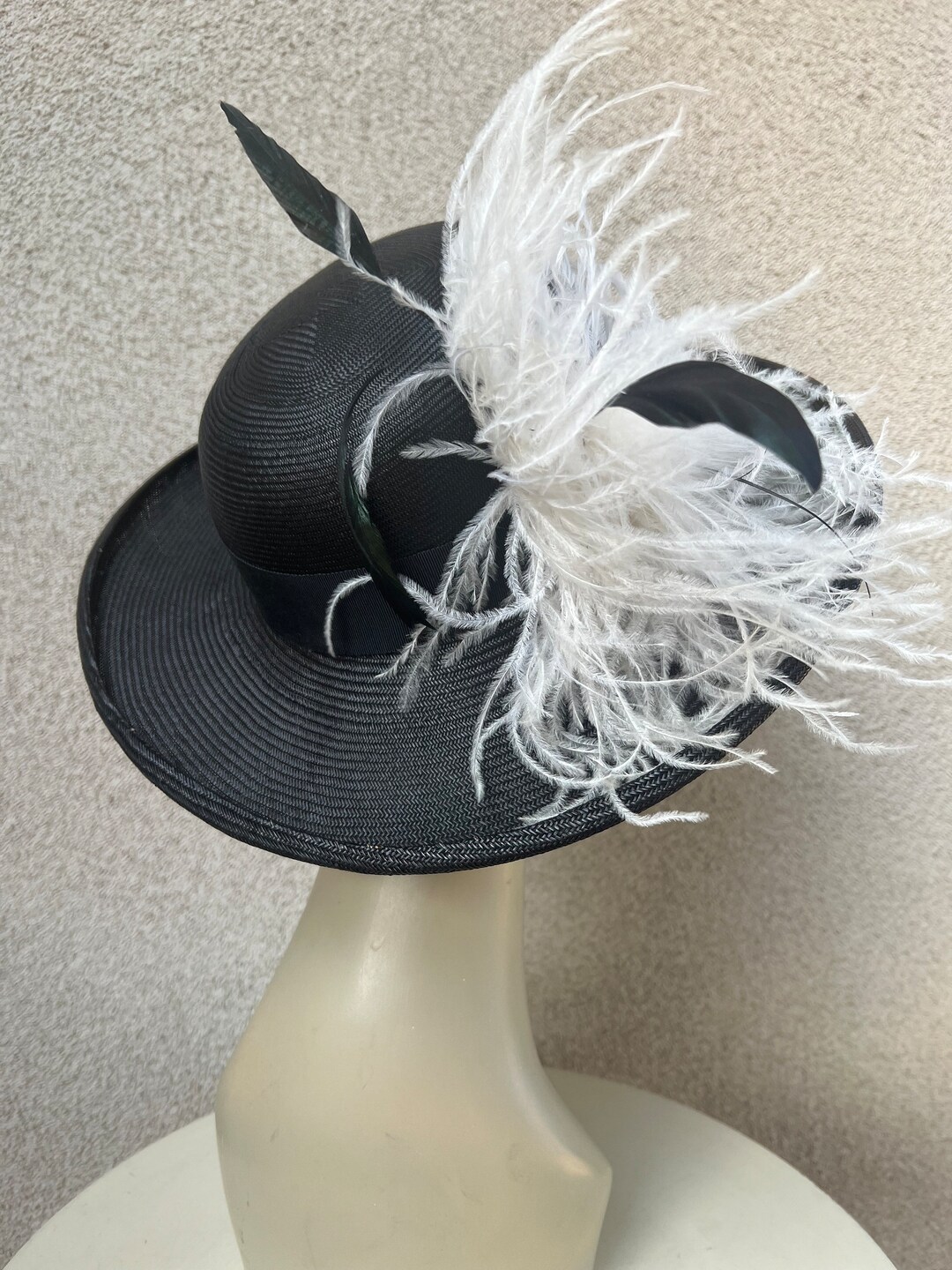 Vintage Adolfo II Black Straw Boater Hat: Feather Boa Brim, Sz 21” - Etsy