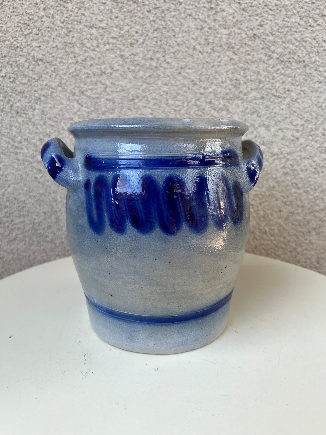 Vintage Country Chic Salt Glaze Stoneware Pottery Pot Crock Blue Grey ...