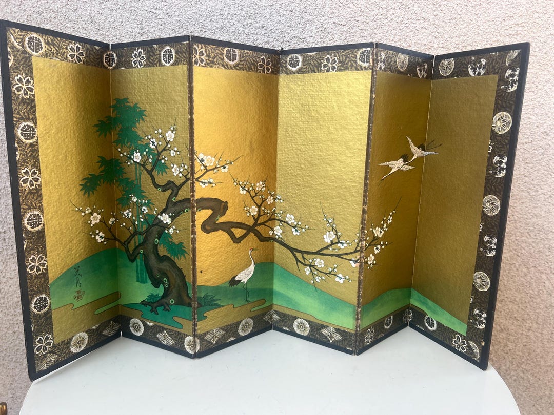 Vintage Asian Mini Folding Screen Crane Birds & Tree Theme 12” X 24” - Etsy