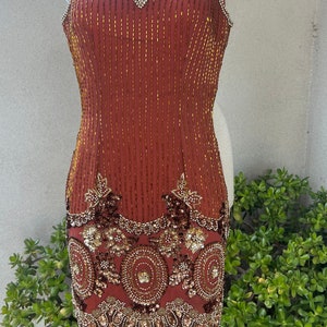 Vintage Glam Dress Mini Beaded Sequins Rust Brown Sz XS - Etsy