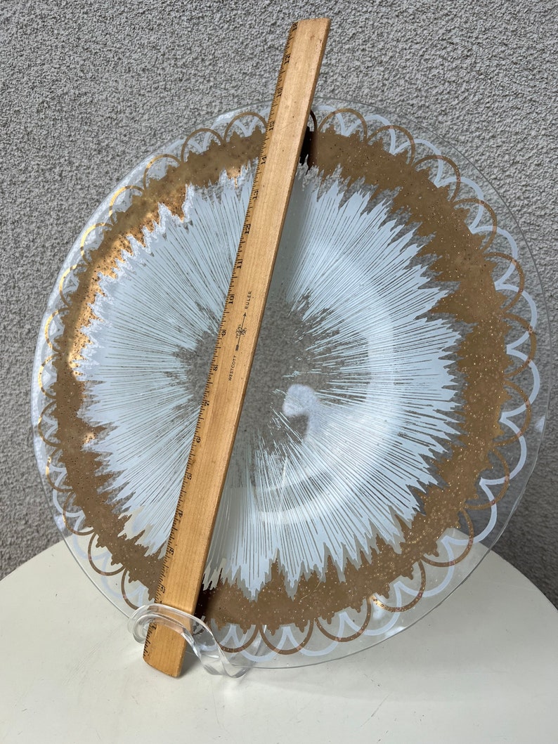 Vintage MCM Clear Glass Starburst White Gold Platter Tray Size 15” X 1 ...