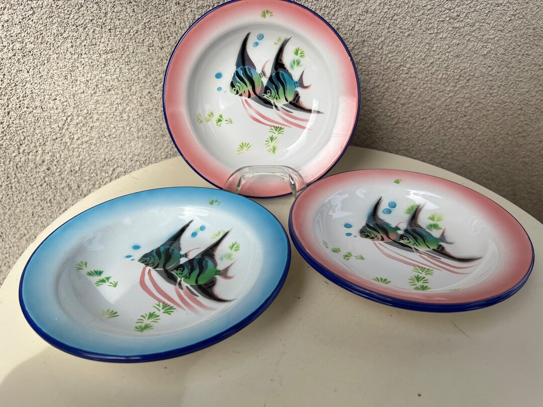 Vintage Enamelware Metal Salad Bowls Plates Set 6 Angel Fish Theme by ...