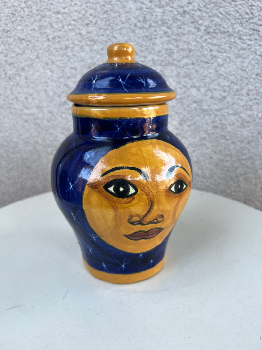 Vintage Mexican Blue Yellow Pottery Ginger Jar Double Sided Face Theme ...