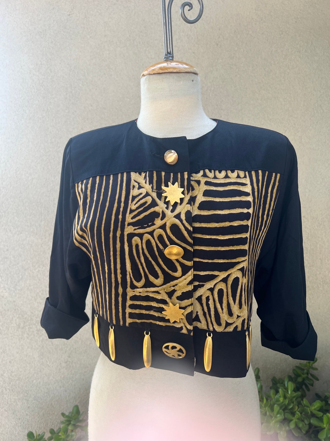 Vintage Glam 80s Bolero Style Jacket Blck With Avant-garde Design Gold ...