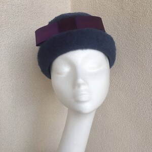 Vintage Mid Century Royal Blue Fuzzy Formal Hat Purple Bow Mystere ...
