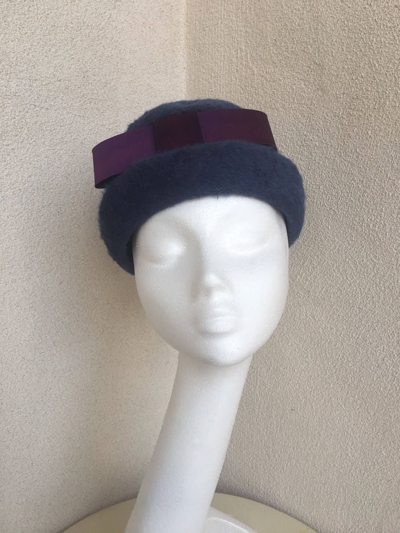 Vintage Mid Century Royal Blue Fuzzy Formal Hat Purple Bow - Etsy