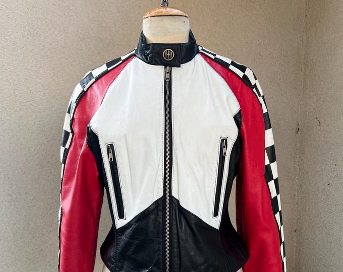 Vintage Leather Jacket Checkers Racing Theme Sz S by Split End Ltd. - Etsy