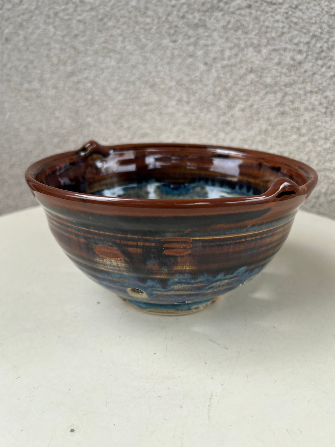 Vintage Studio Art Pottery Small Colander Bowl Blue Brown Signed - Etsy