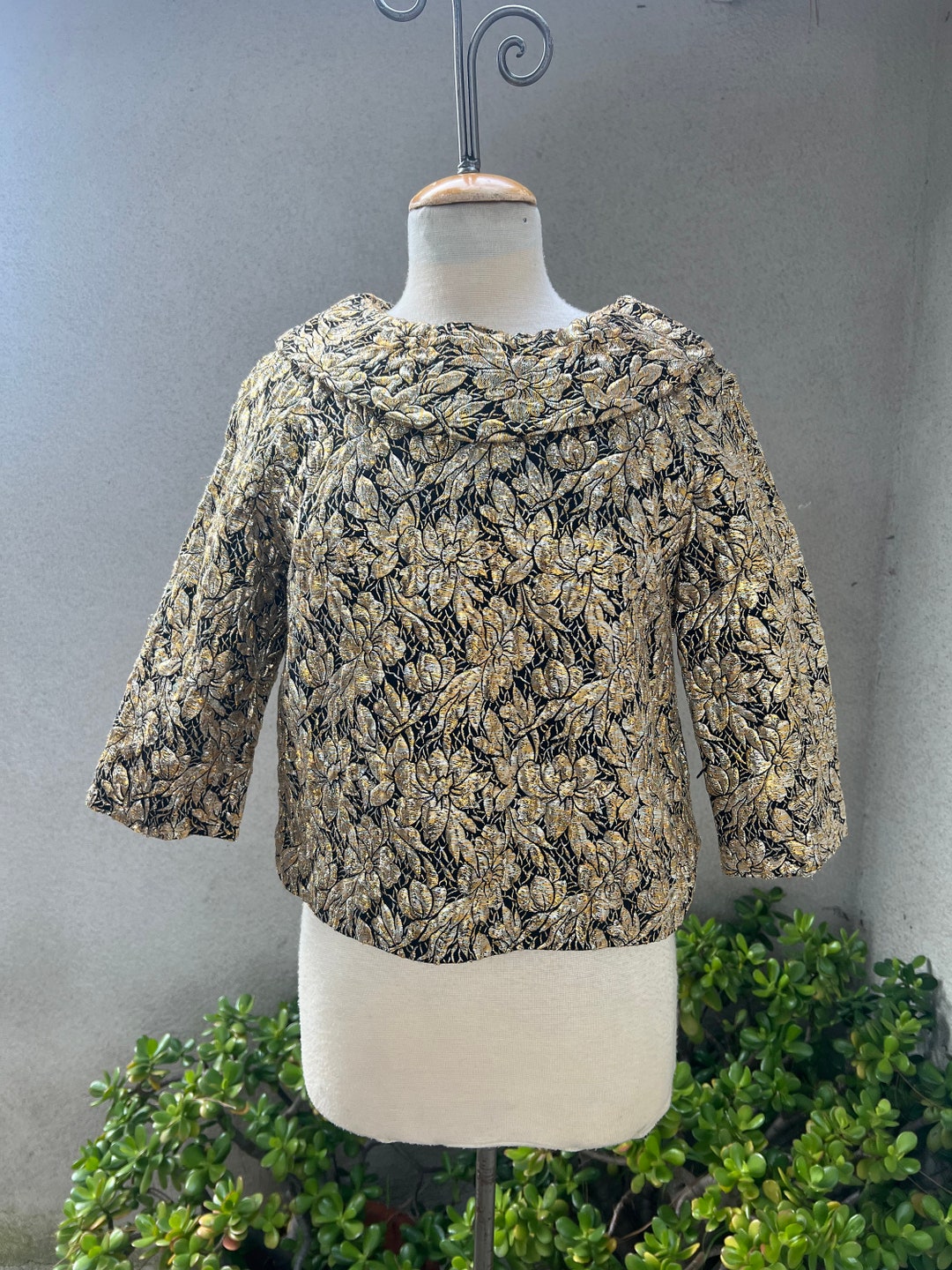 Vintage Elegant 60s Brocade Top Black Silver Gold Metallic Floral Sz S ...