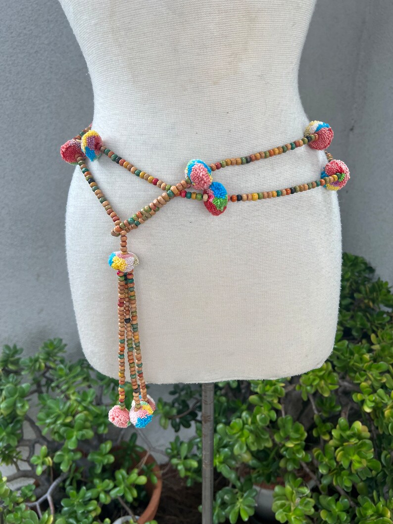 Vintage Funky Belt Pom-pom & Wood Beads Size 64” X 1-1/4” - Etsy