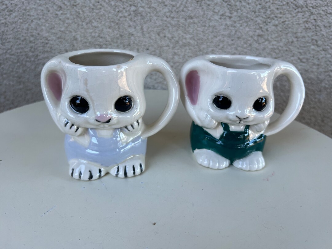 Vintage Set 2 Ceramic Mugs Rabbit Theme 3D Hand Painted - Etsy
