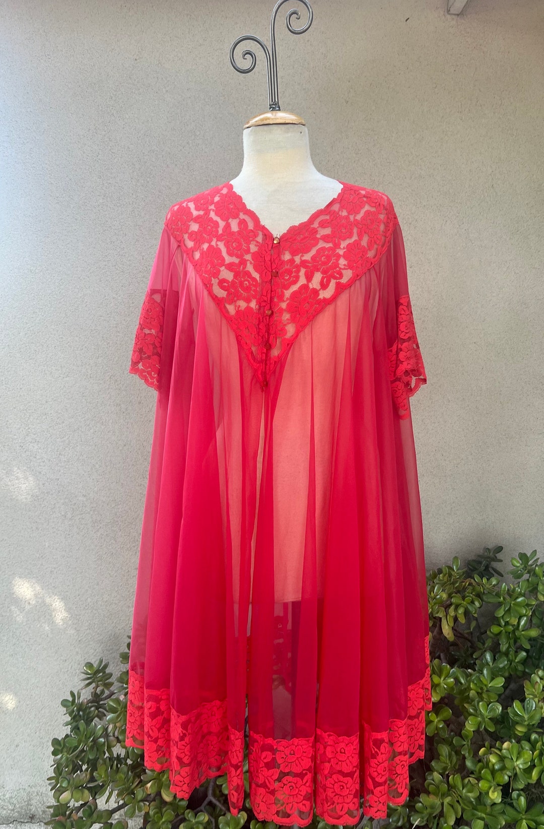 Vintage Levoy’s Red Sheer Robe Lingerie Lace Heart Buttons OS - Etsy