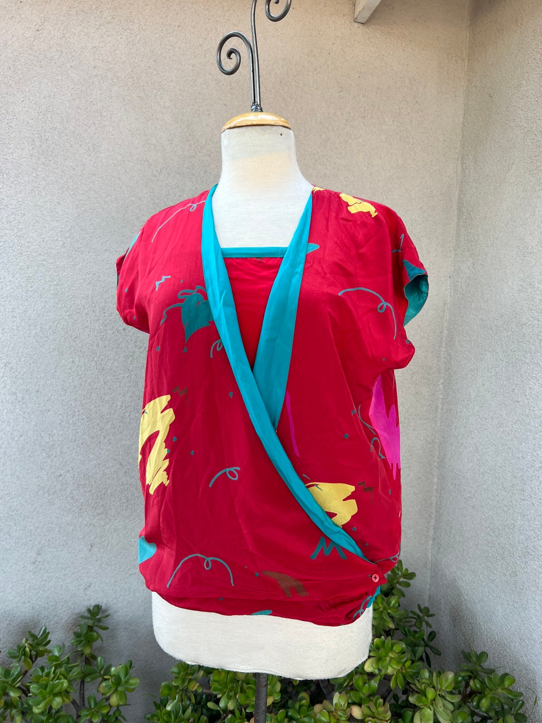 Vintage Dianne B Silk Tube Top & Jacket Set - New Wave Red Blue - Sz ...